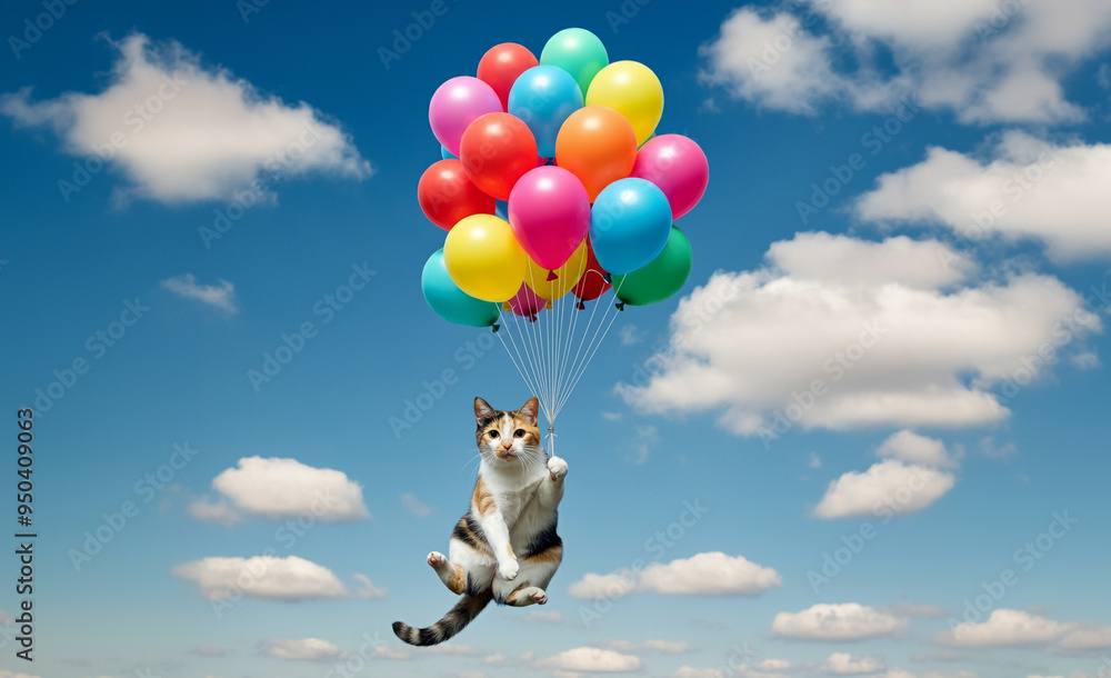 calico cat kitten flying with balloons, floating in the sky, cute and ...