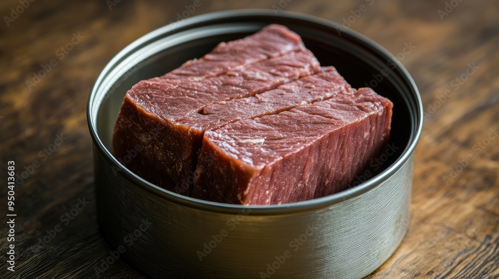 Open can of corned beef, the meat block fitting snugly in the tin Stock ...