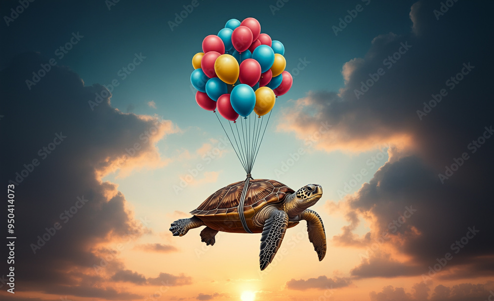 sea turtle flying with balloons, floating in the sky, cute and funny ...