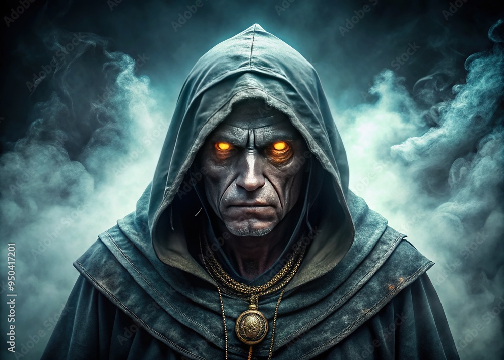 Ominous, glowing eyes peer out from the darkness of a hooded figure ...