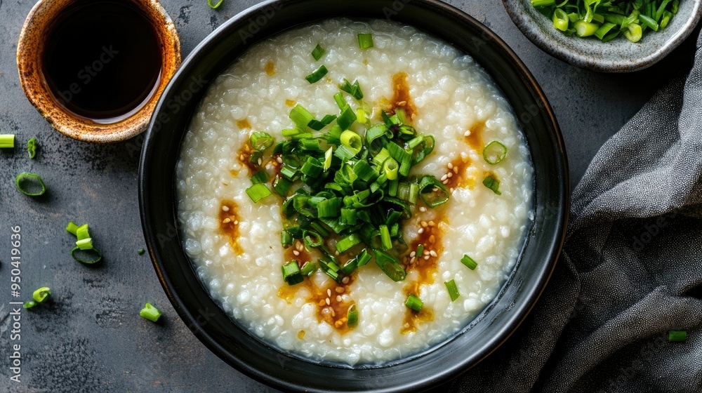 Top view of a bowl of congee with chopped green onions and a drizzle of ...