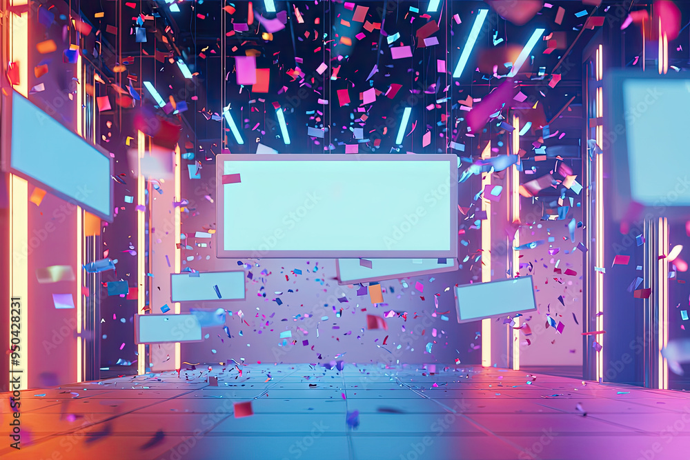 Floating banners and confetti create a vibrant celebration atmosphere ...