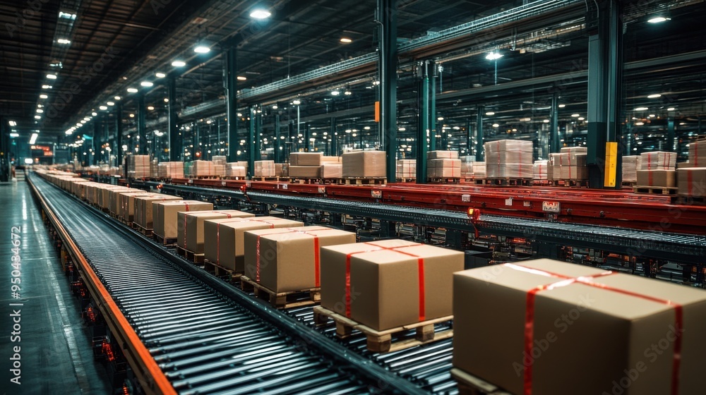 Automated distribution center with packages on conveyor belts in a ...