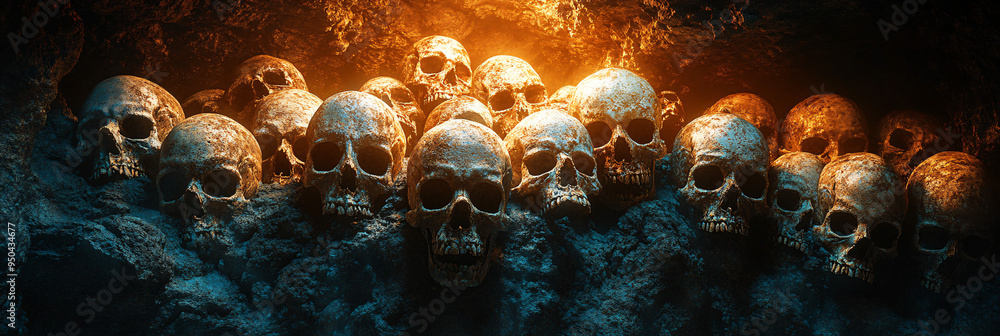 Pile of human skulls and bones in an ancient crypt, creating a dark and ...