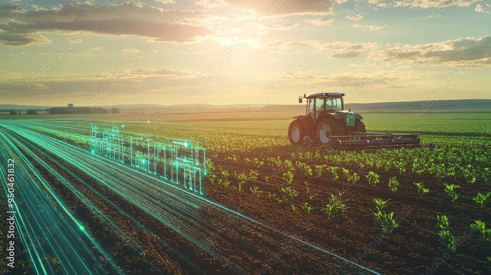 A futuristic tractor equipped with IoT sensors and GPS technology ...