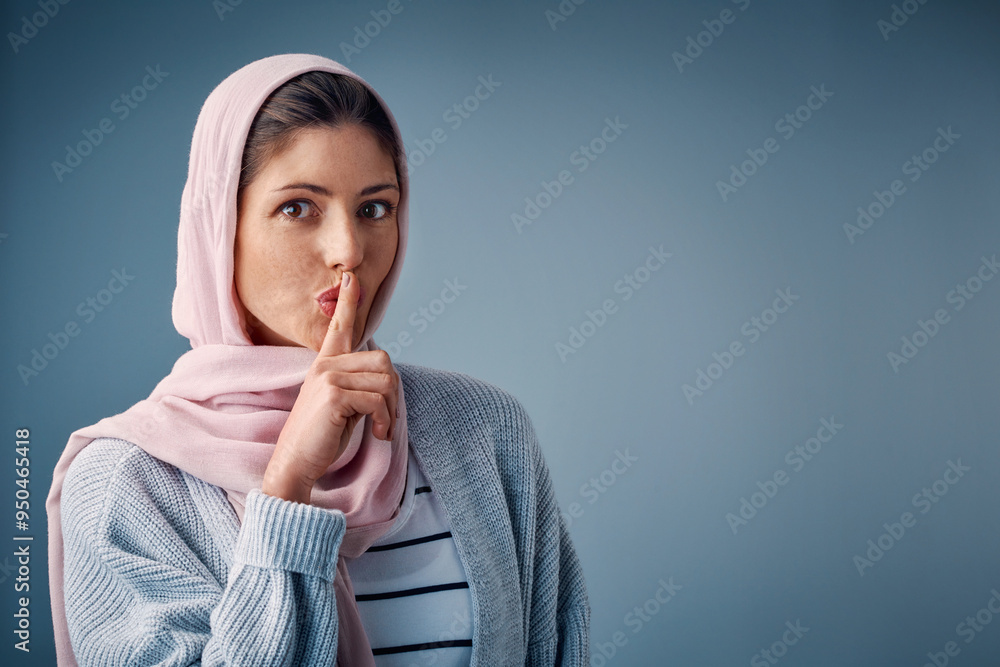 Portrait, space and shush with muslim woman in studio on gray ...