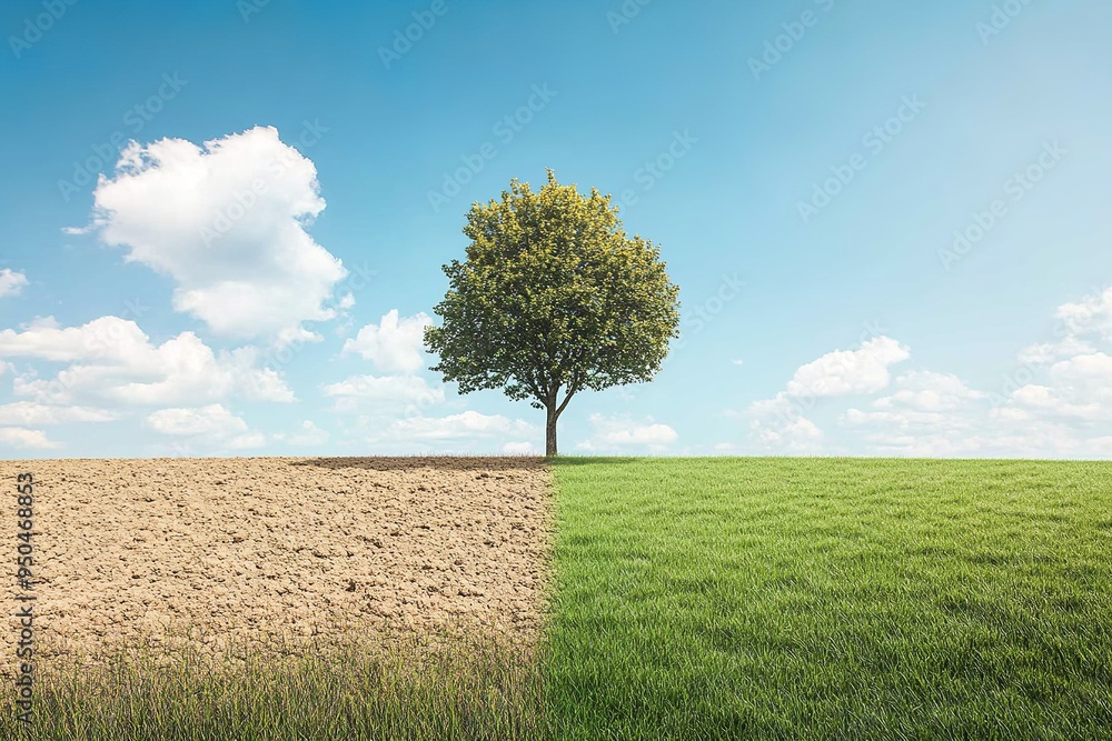 The left half represents dry, barren land, and the right half creates a ...