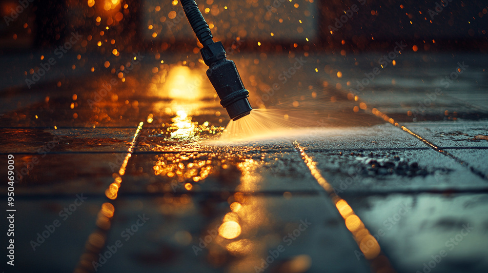 Strong stream of water washes the tiles. Washing the surface with high ...