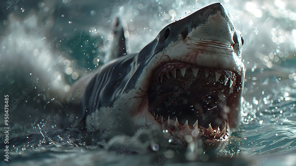 A great white shark glides through the sea, its powerful body and sharp ...