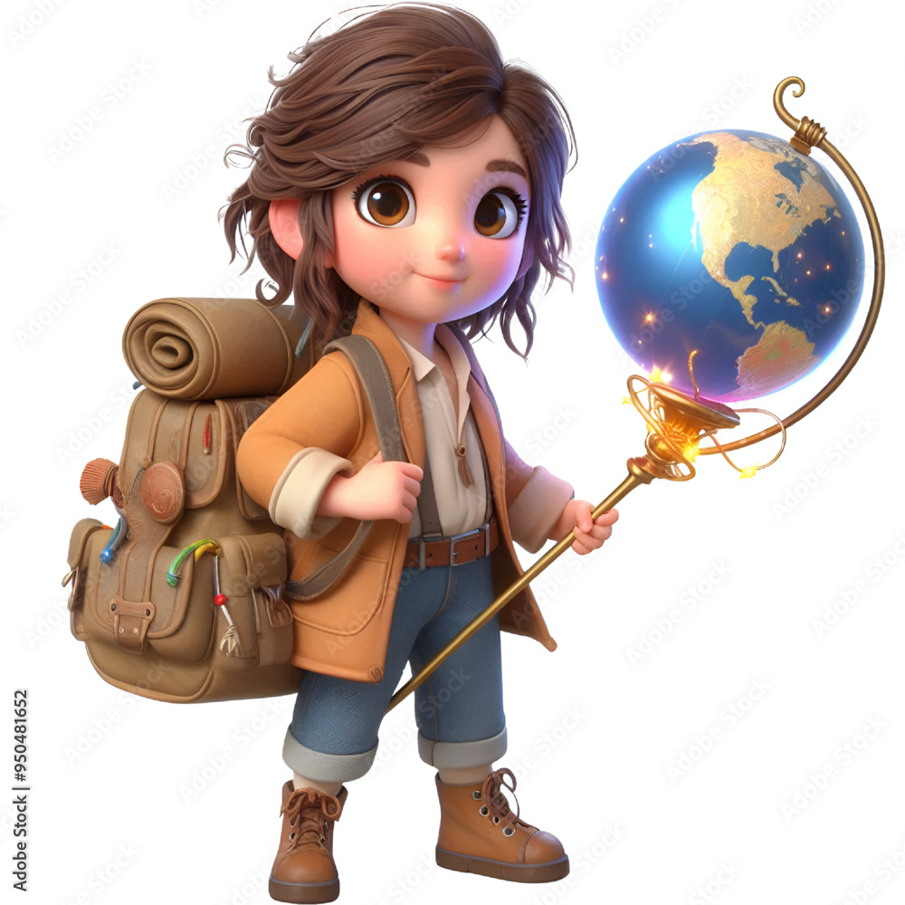 Curious Child young adventurer with a magical backpack iolated on ...