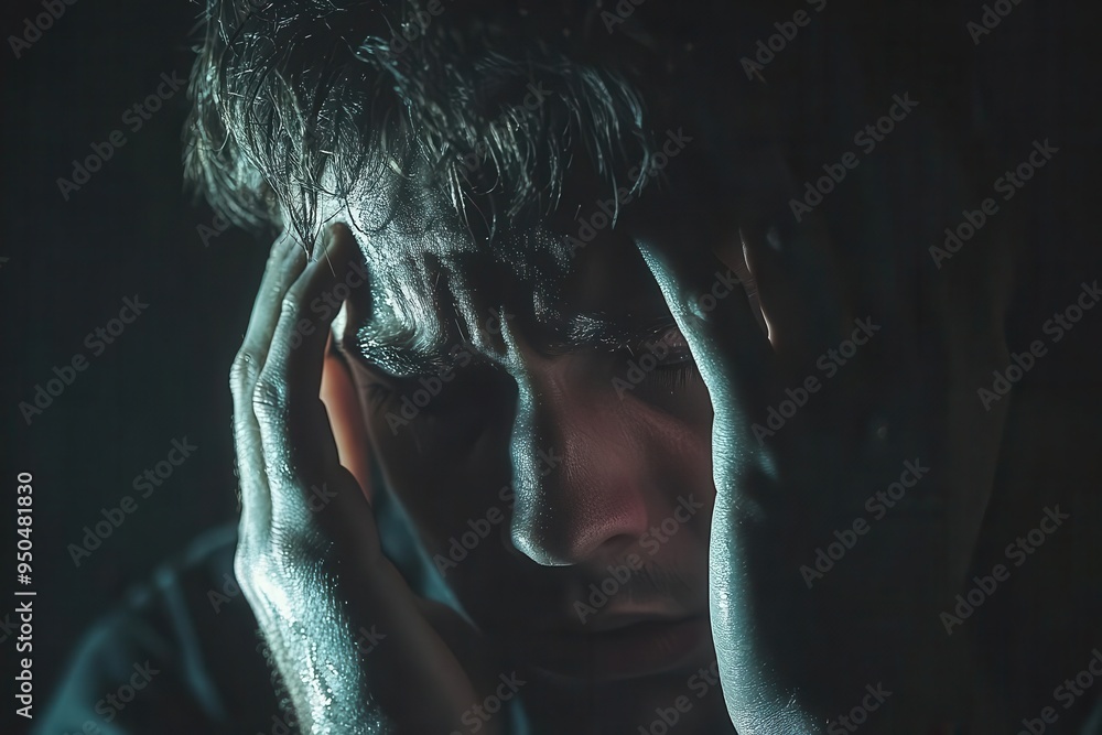 anguished man clutches head in shadowy room body language conveying ...