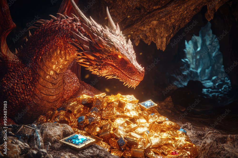 A magnificent dragon fiercely guards its glittering trove of gold, gems ...