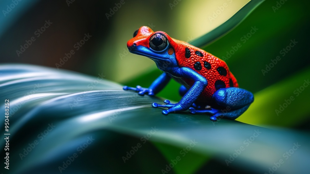 A brightly colored red and blue poison dart frog rests on a leaf in the ...