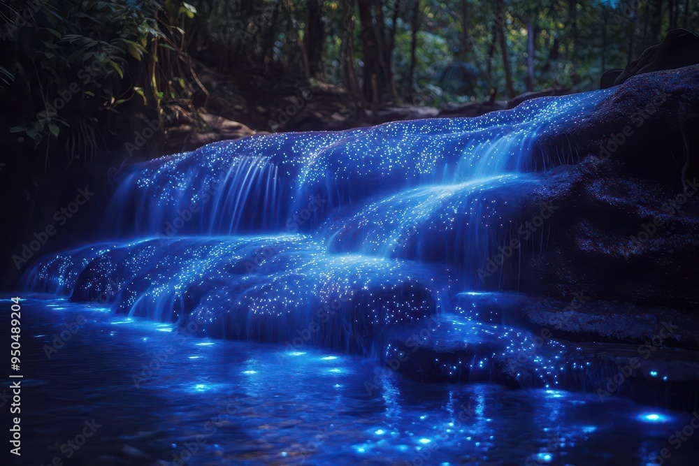 bioluminescent rainforest at night glowing flora and fauna create a ...