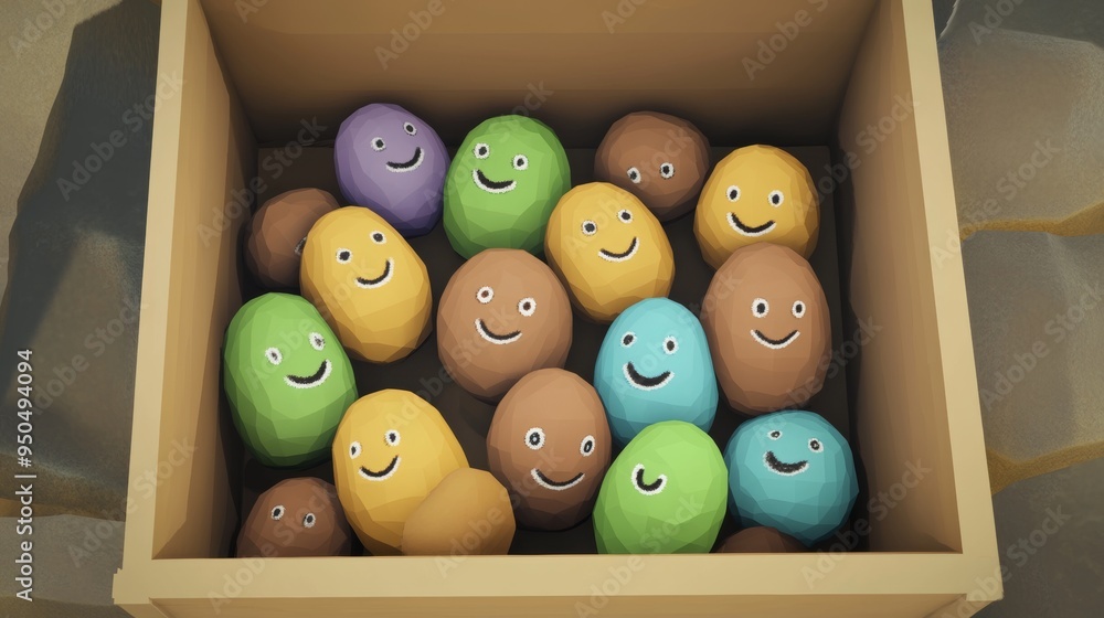 3D low poly Mobile game, top down half full box with weird shaped ...