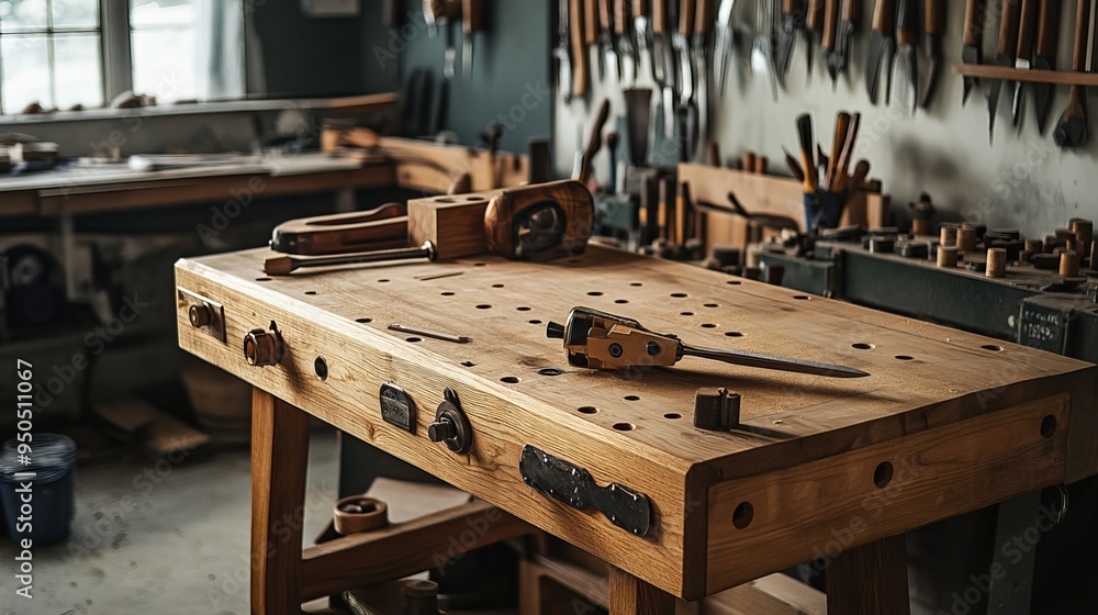 Functional woodworking bench equipped with an assortment of essential ...