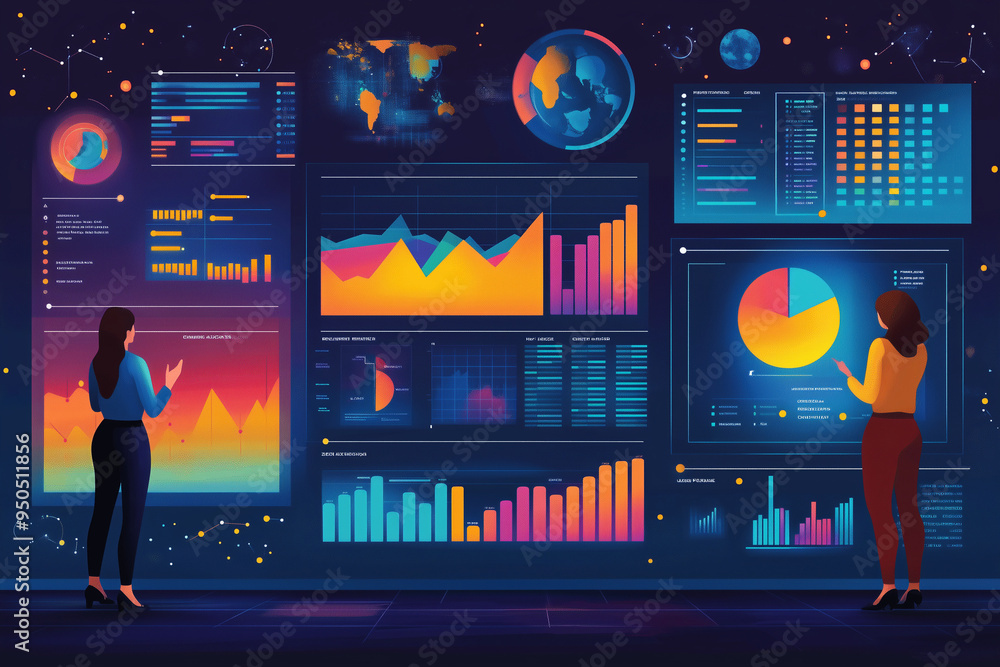 Business analysts discussing performance metrics, with colorful graphs ...