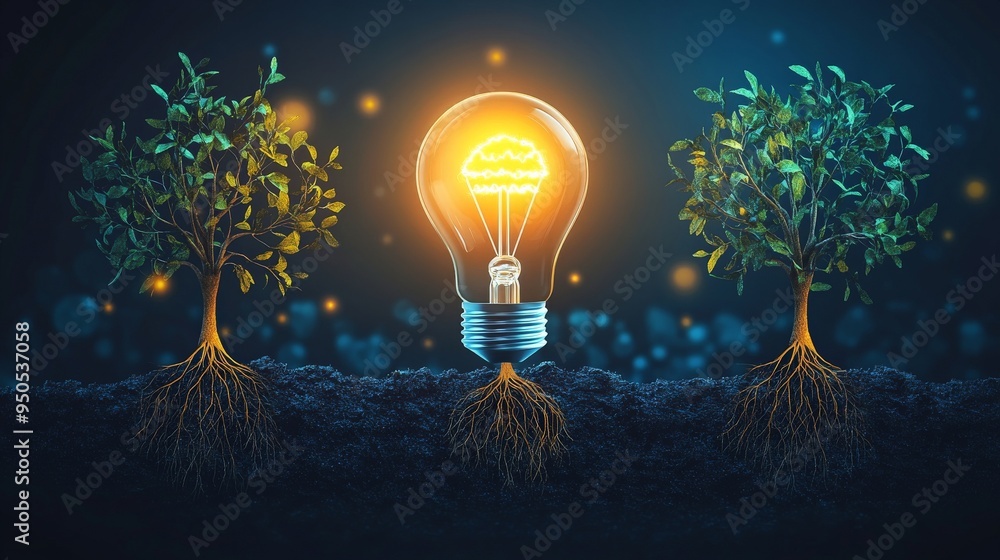 Illuminating Growth: A bright light bulb with roots sprouts from the ...