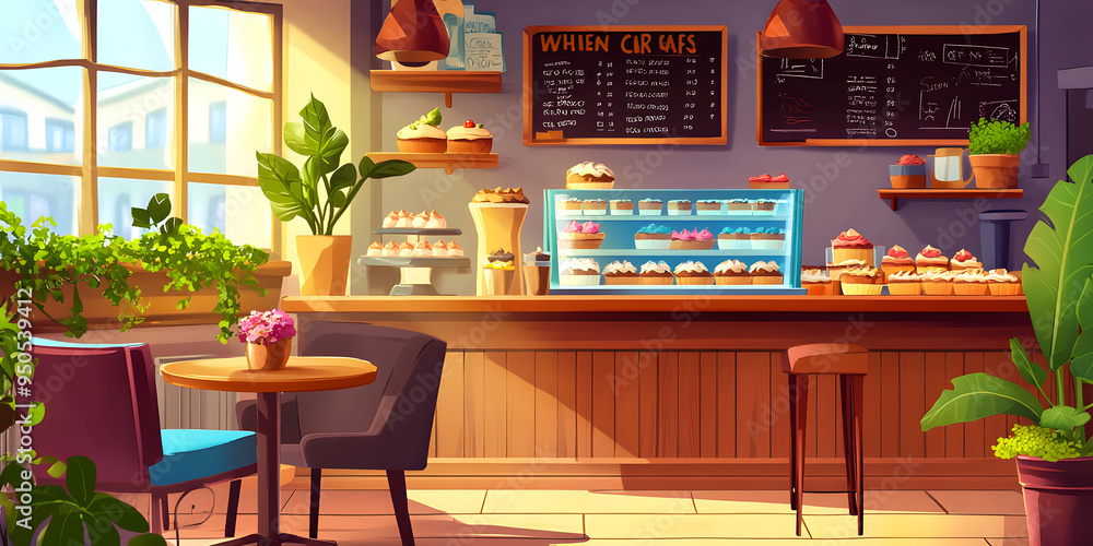 Cozy cafe interior with cakes and sweet desserts in glass showcase on ...