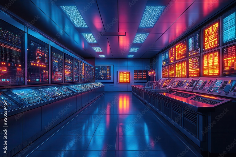 hightech electric voltage control room with sleek panels glowing ...