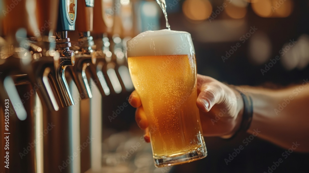 Bartender pouring light, cold foamy beer from tap into glass at bar ...