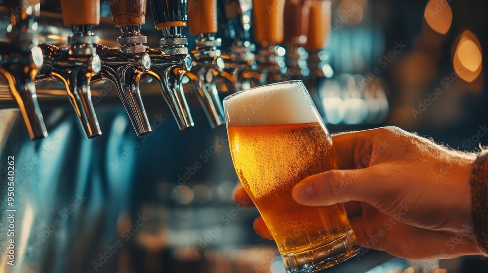 Bartender pouring light, cold foamy beer from tap into glass at bar with multiple beer ...