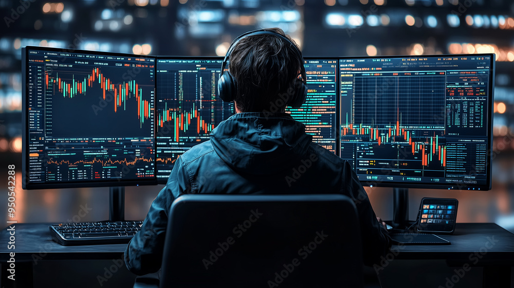 Crypto trader sitting in front of computers with multi-monitor workstation, making professional ...