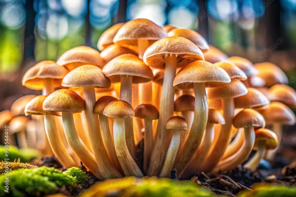 a cluster of mushrooms growing closely together. They have smooth ...