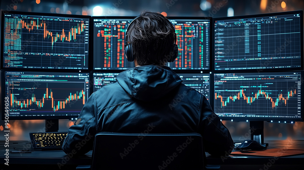 Crypto trader sitting in front of computers with multi-monitor workstation, making professional ...