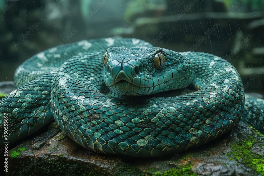 majestic pit viper coiled on ancient mayan ruins moonlit jungle ...