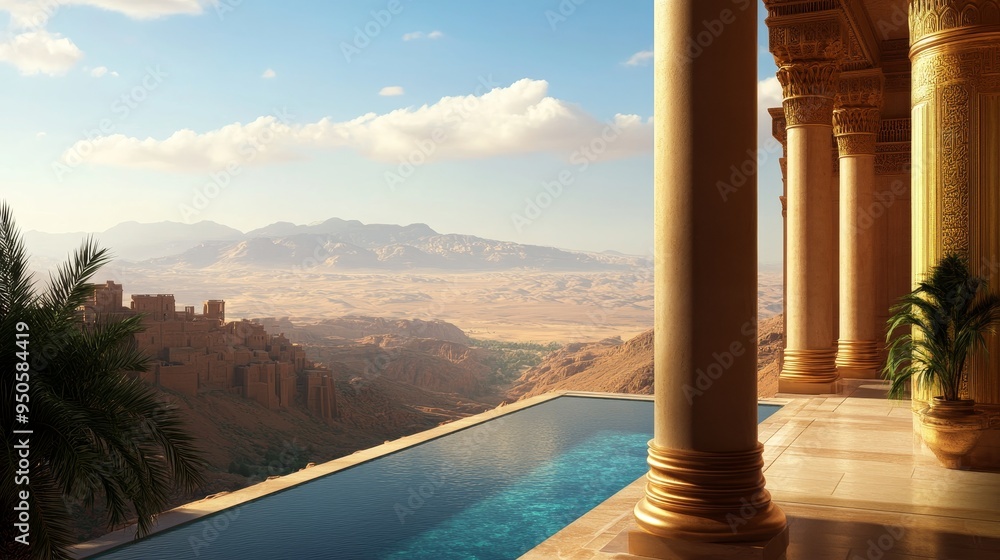 An opulent ancient palace with an infinity pool seamlessly blending ...