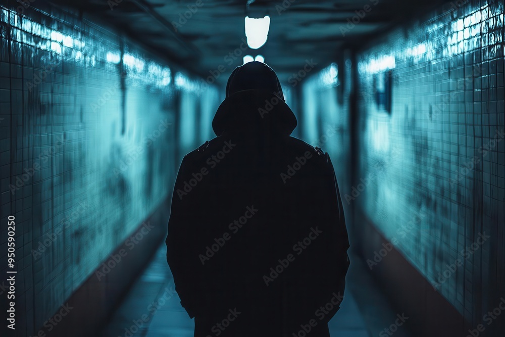 shadowy figure in a long dimly lit corridor harsh contrast between ...