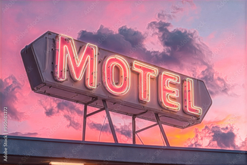 This image captures a retro neon motel sign illuminating against a ...
