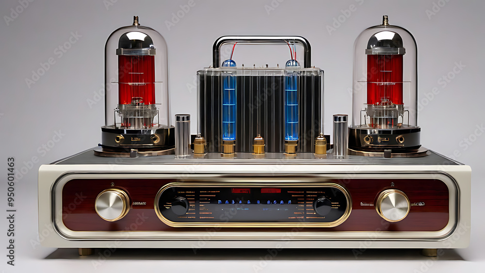 vintage tube amplifier with indicators for listening to music. Device ...