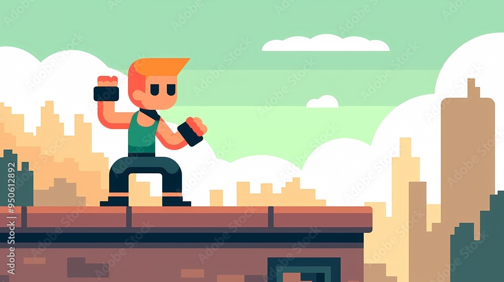 Animated male character lifting weights on a rooftop against a city ...
