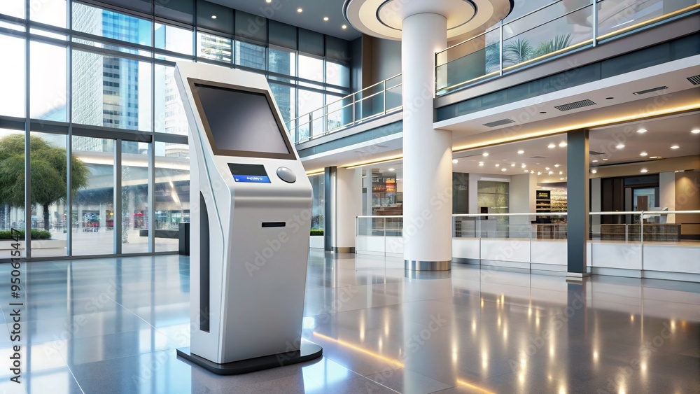 Modern self-service kiosk with touchscreen display and contactless payment terminal for seamless ...