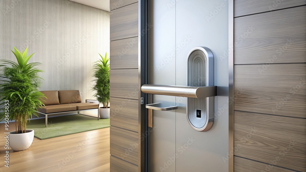 Modern smart door with a sleek stainless steel sensor installed at the ...