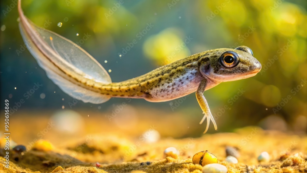 A tiny, translucent tadpole swims in a shallow pool of water, its ...
