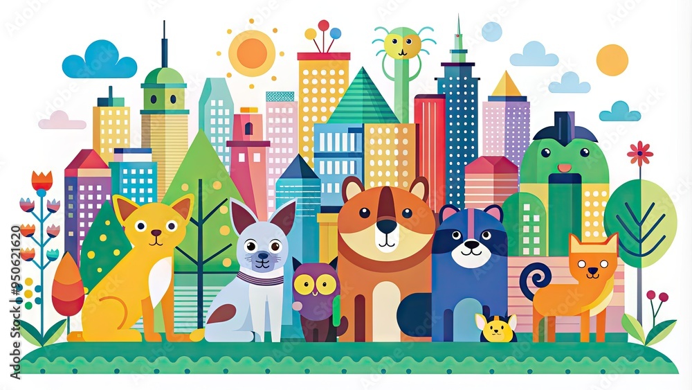 Colorful, minimalist illustration of various happy animals, including a ...