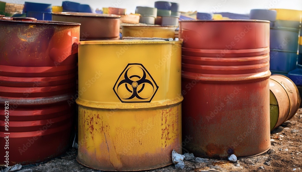 a hazardous waste disposal site with barrels and containers ...
