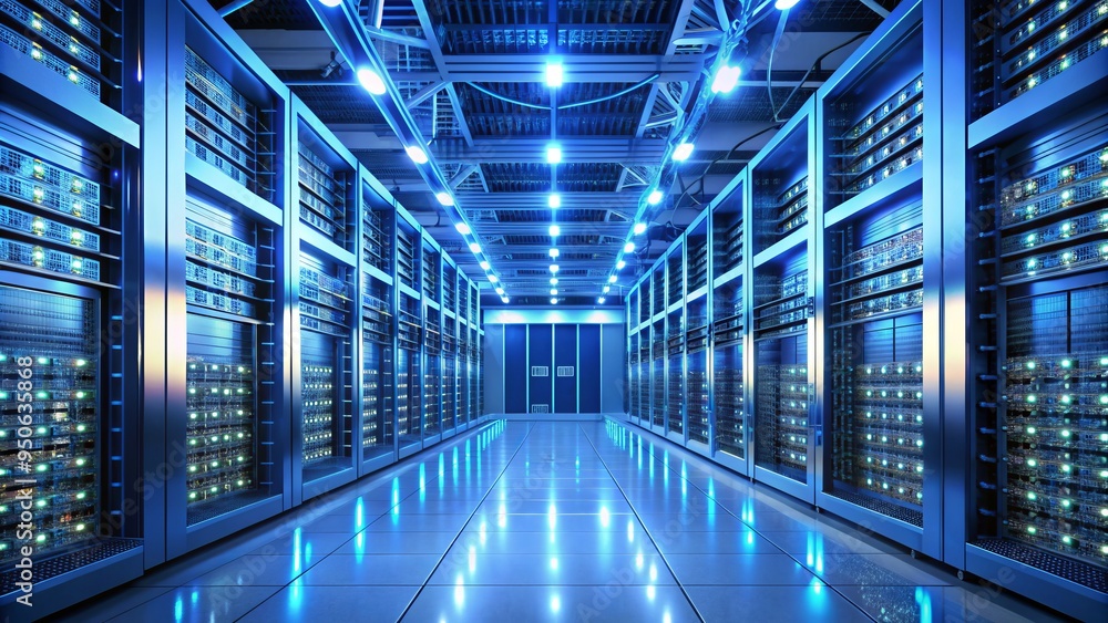 Rows of sleek white servers hum with activity in a state-of-the-art ...