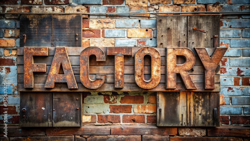 Rusted metal letters spell out "FACTORY" in bold, distressed font on a ...