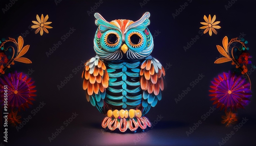 illustration of the skeleton of a cute owl on black background with ...