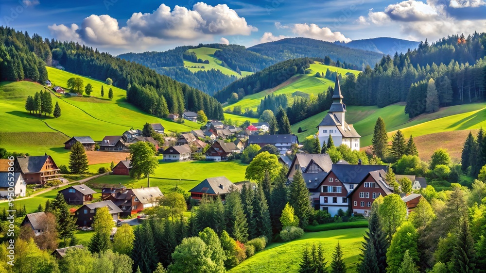 Snow-capped mountains and rolling hills surround a serene German ...