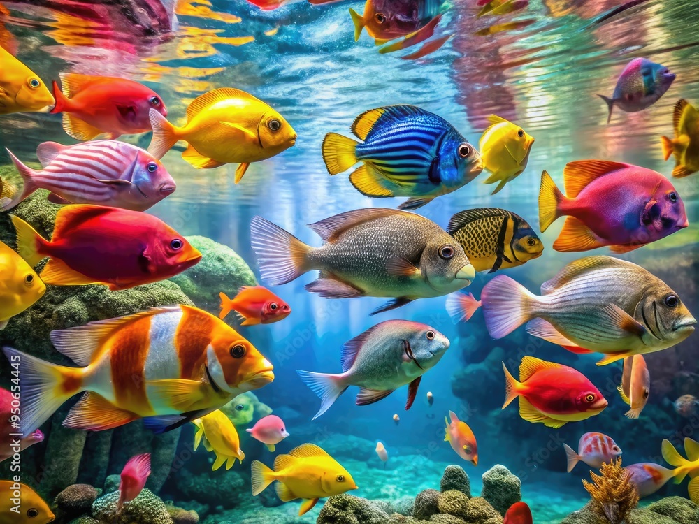 Front View Of A Group Of Colorful Tropical Fish Swimming Behind A ...