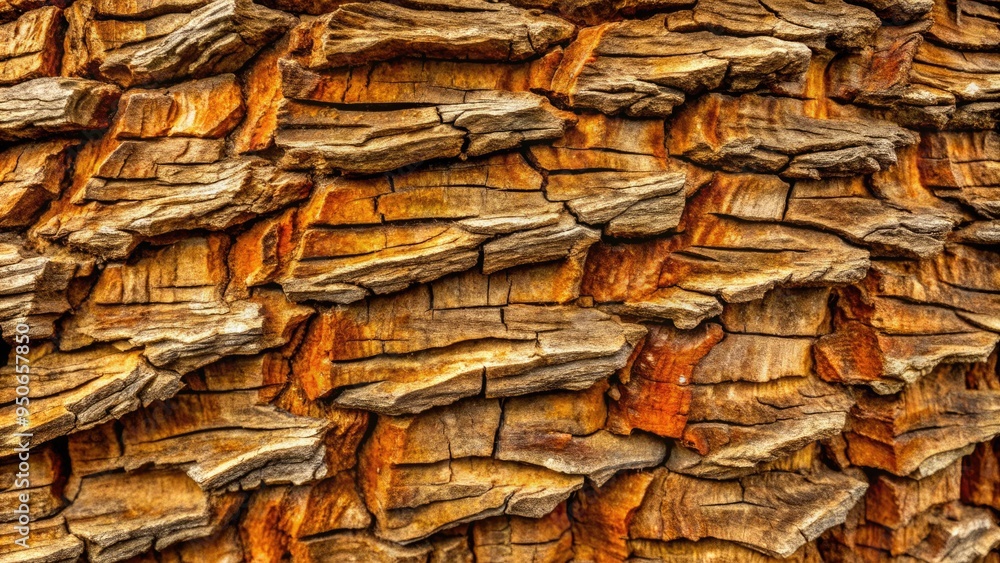 Intensely textured, rustic tree bark patterns revealed in extreme close-up, displaying intricate ...