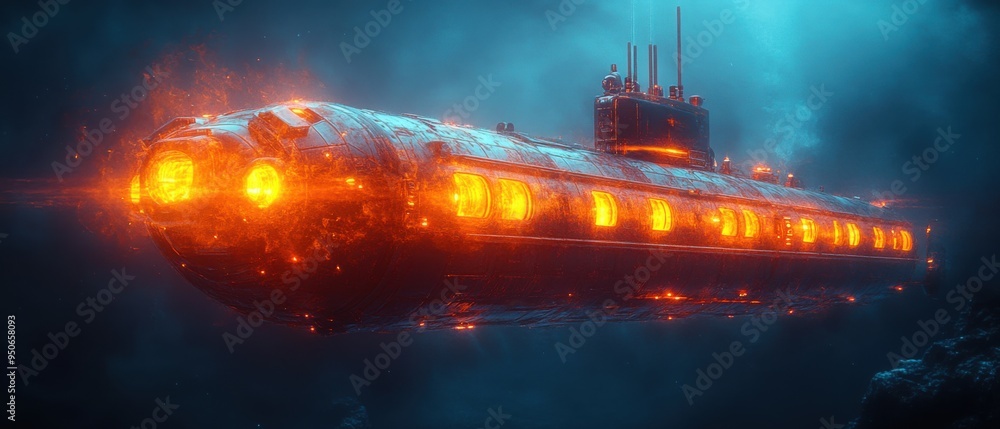 3D digital art of a glowing multicolor submarine in the deepest deep ...