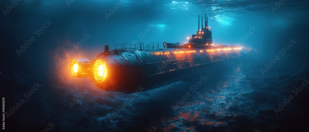3D render of a digital art submarine exploring the deepest deep sea ...