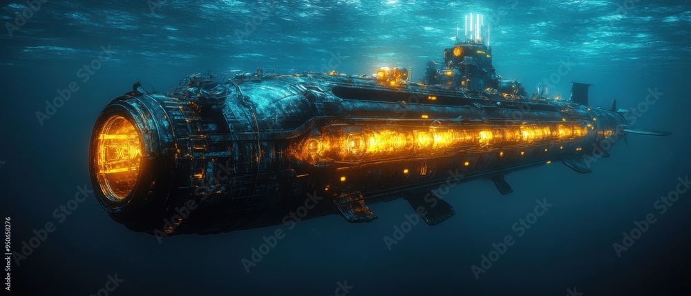 3D render of a digital art submarine exploring the deepest deep sea ...