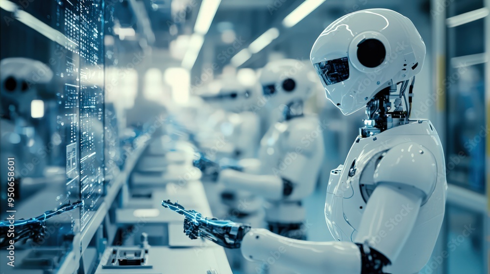 Illustration of cobots and humans coworking in a cleanroom environment ...